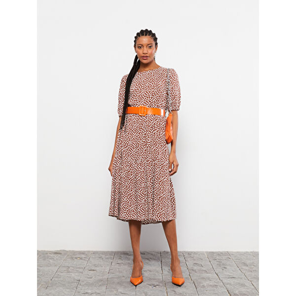 Bisiklet Yaka Desenli Kısa Kollu Viskon Kadın Elbise