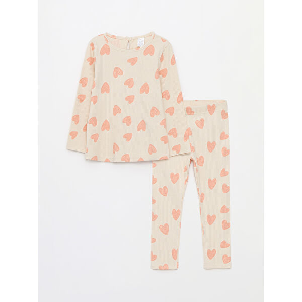 Bisiklet Yaka Uzun Kollu Baskılı Pamuklu Kız Bebek Sweatshirt ve Tayt 2'li Takım