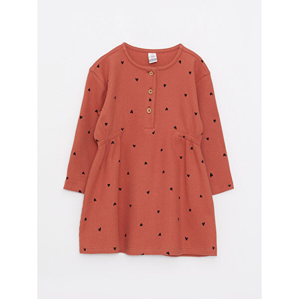 Bisiklet Yaka Uzun Kol Baskılı Pamuklu Kız Bebek Elbise
