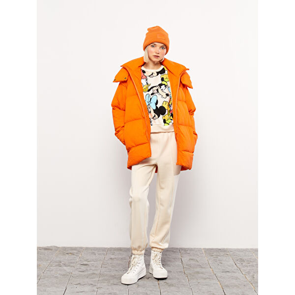 Kapüşonlu Düz Uzun Kollu Kadın Şişme Mont