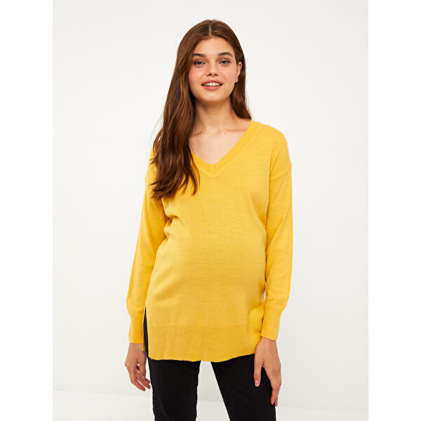 V Yaka Düz Uzun Kollu Hamile Triko Kazak