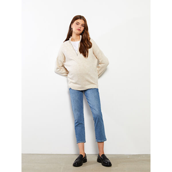 Dik Yaka Çizgili Uzun Kollu Hamile Triko Kazak