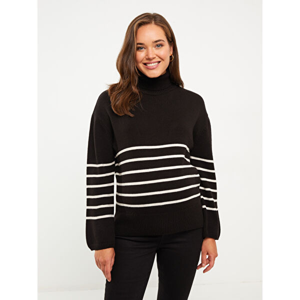 Balıkçı Yaka Çizgili Uzun Kollu Hamile Triko Kazak Balıkçı Yaka Çizgili Uzun Kollu Hamile Triko Kazak