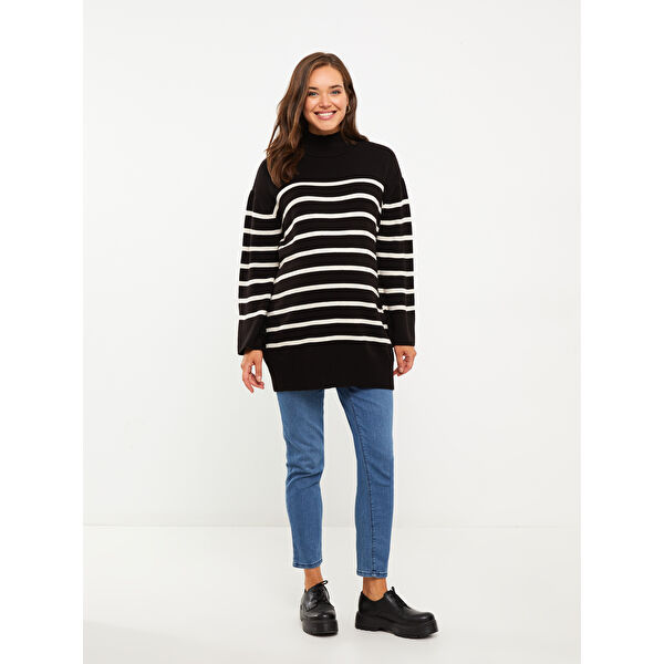 Yarım Balıkçı Yaka Çizgili Uzun Kollu Kadın Triko Tunik
