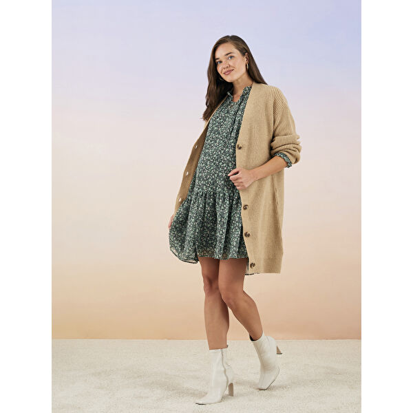 V Yaka Düz Uzun Kollu Hamile Triko Hırka