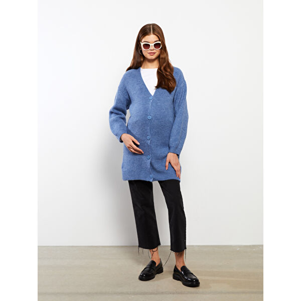 V Yaka Düz Uzun Kollu Hamile Triko Hırka