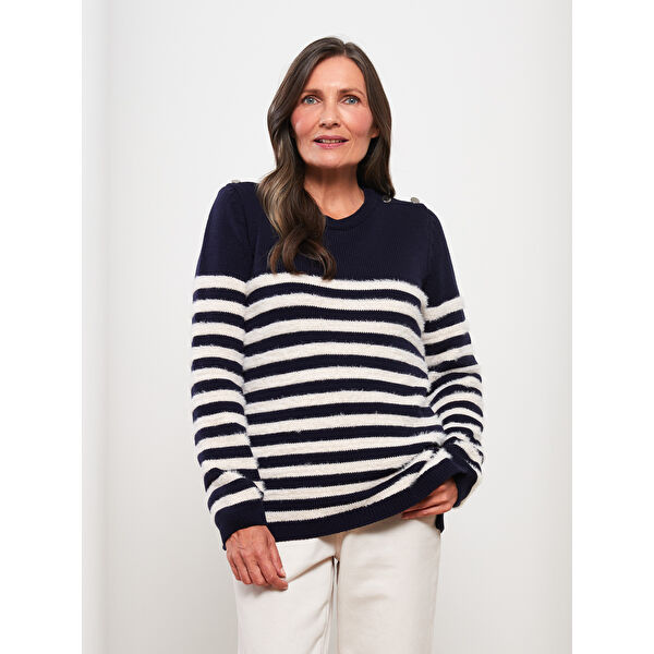 Bisiklet Yaka Çizgili Uzun Kollu Kadın Triko Kazak
