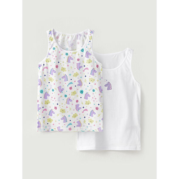 Bisiklet Yaka Baskılı Pamuklu Kız Çocuk Atlet 2'li