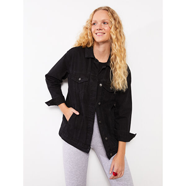 Gömlek Yaka Düz Uzun Kollu Kadın Jean Ceket