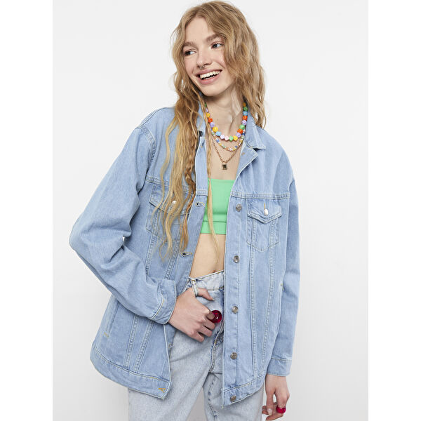 Gömlek Yaka Düz Uzun Kollu Kadın Jean Ceket
