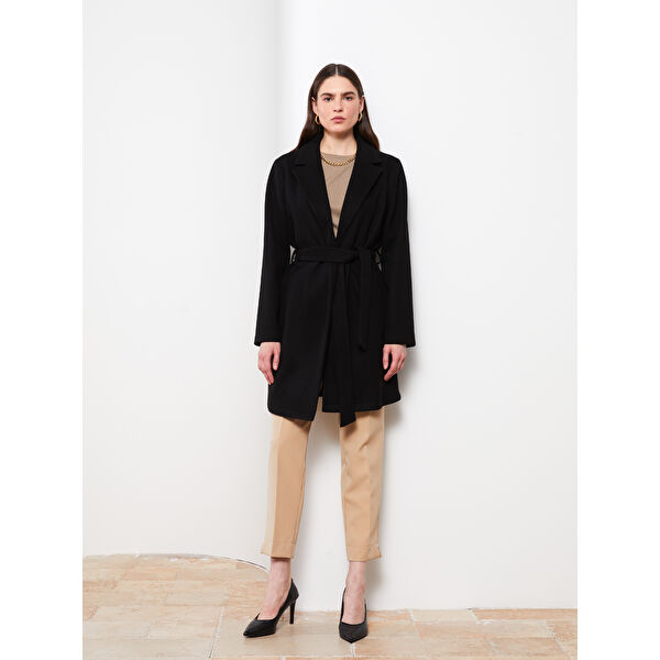 Ceket Yaka Beli Kemerli Cep Detaylı Uzun Kollu Kadın Kaşe Kaban