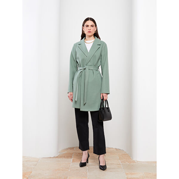 Ceket Yaka Beli Kemerli Cep Detaylı Uzun Kollu Kadın Kaşe Kaban