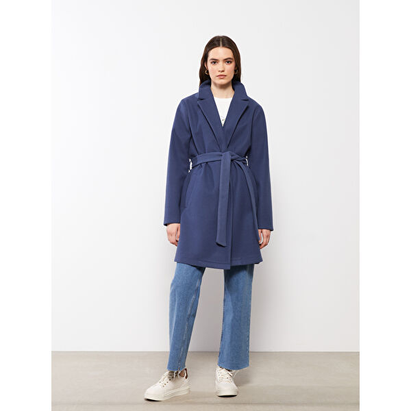 Ceket Yaka Beli Kemerli Cep Detaylı Uzun Kollu Kadın Kaşe Kaban