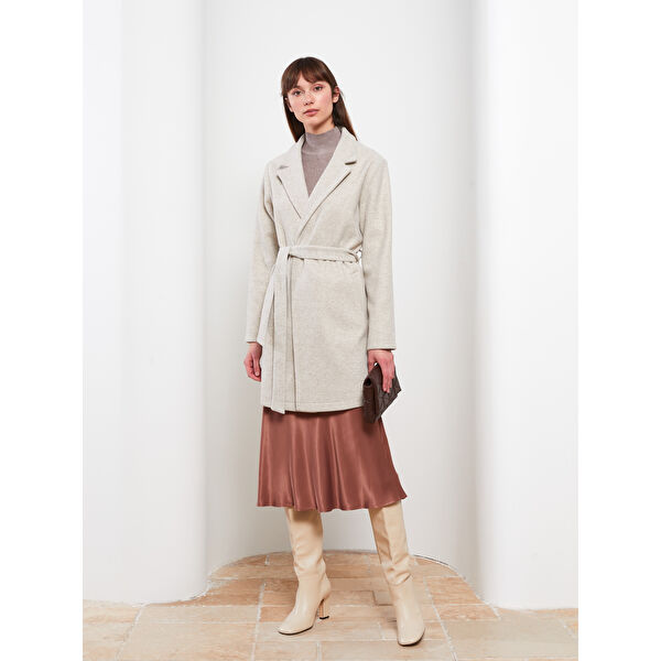 Ceket Yaka Beli Kemerli Cep Detaylı Uzun Kollu Kadın Kaşe Kaban