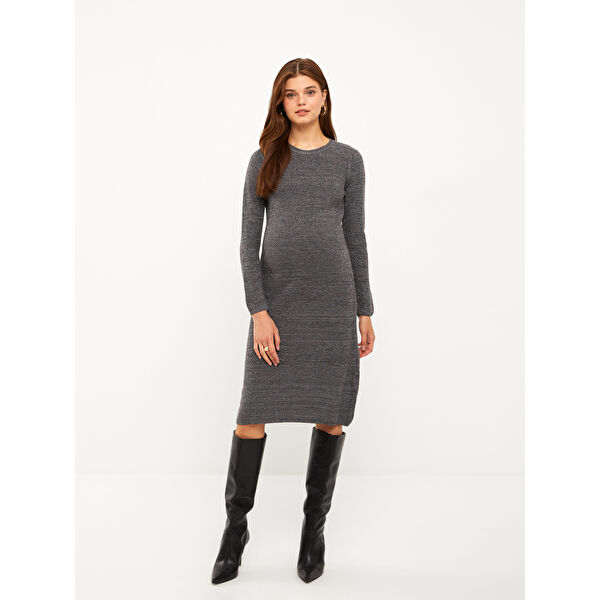 Bisiklet Yaka Düz Uzun Kollu Hamile Triko Elbise