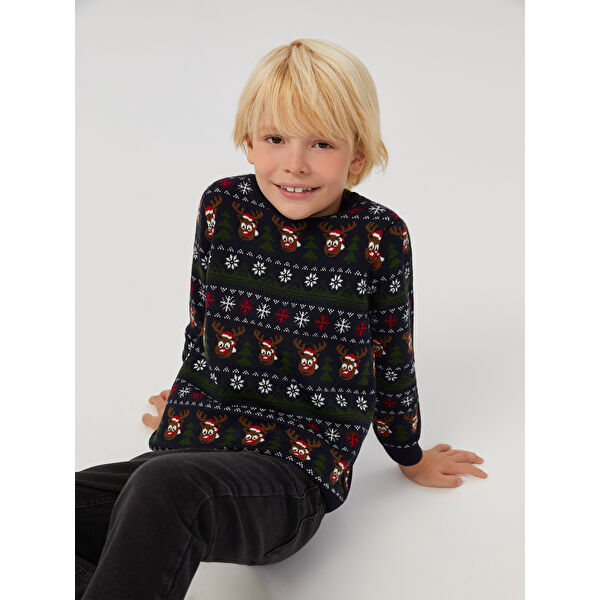 Bisiklet Yaka Yılbaşı Temalı Uzun Kollu Erkek Çocuk Triko Kazak
