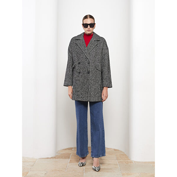 Kruvaze Yaka Desenli Uzun Kollu Kadın Kaban