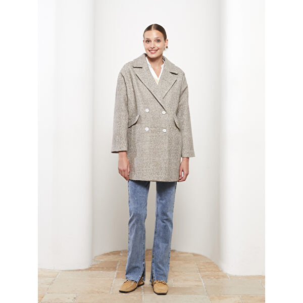 Kruvaze Yaka Desenli Uzun Kollu Kadın Kaban