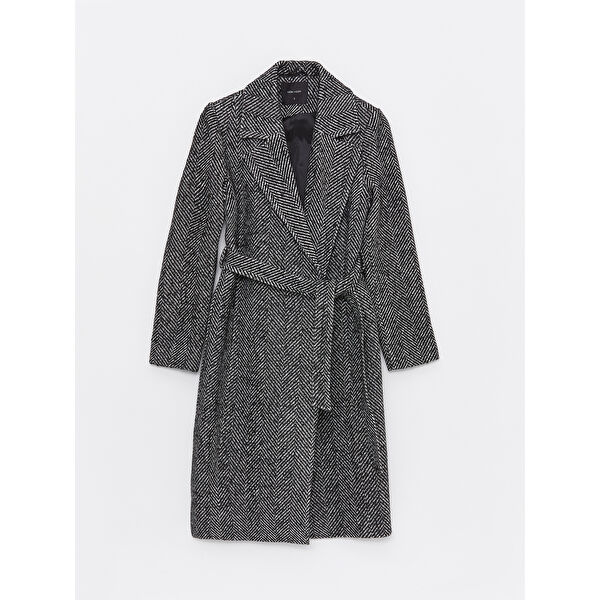 Ceket Yaka Desenli Uzun Kollu Kadın Kaşe Kaban