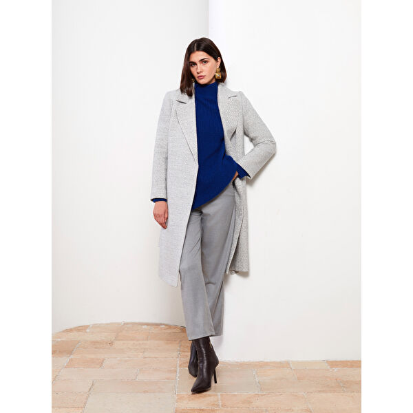 Ceket Yaka Desenli Uzun Kollu Kadın Kaşe Kaban