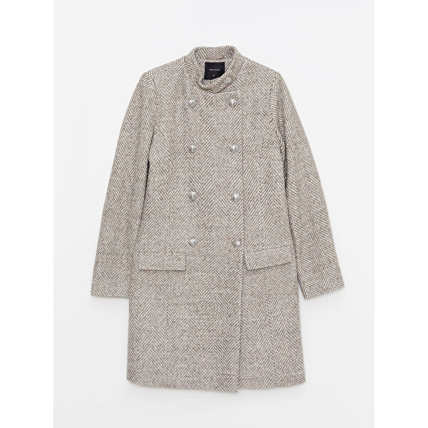 Dik Yaka Desenli Uzun Kollu Kadın Kaban