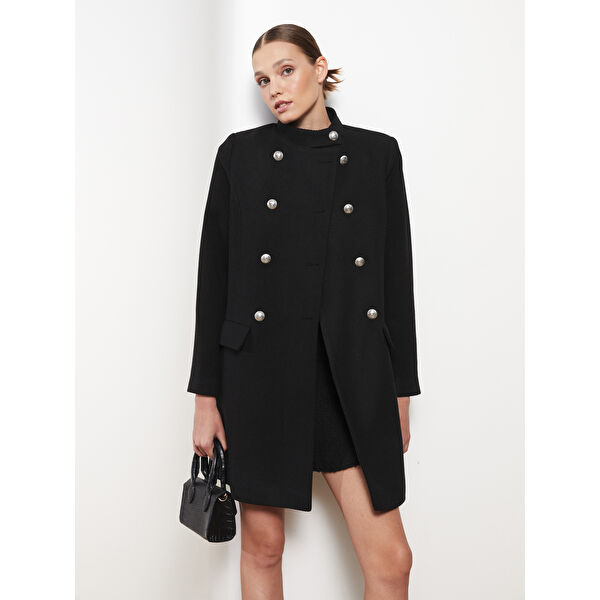 Dik Yaka Kendinden Desenli Uzun Kollu Kadın Kaban