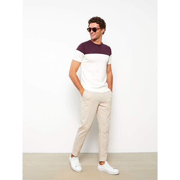 Bisiklet Yaka Kısa Kollu Renk Bloklu Erkek Triko Kazak