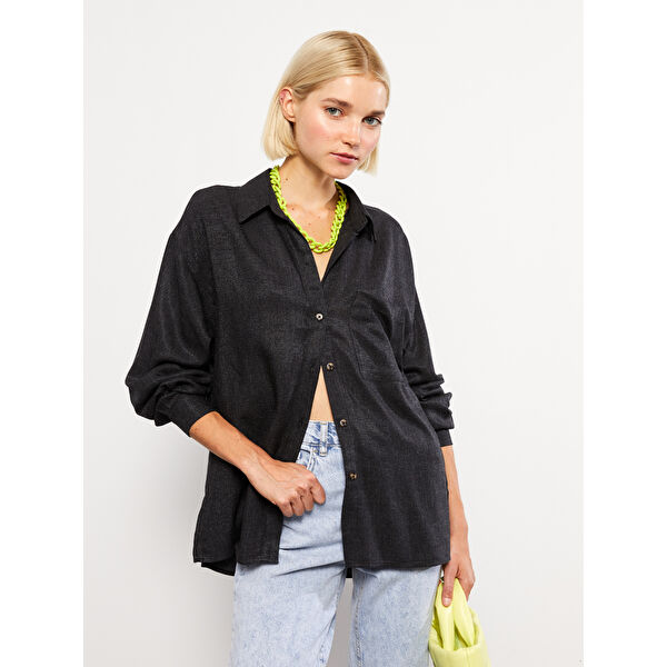 Önden Düğme Kapamalı Kendinden Desenli Uzun Kollu Kadın Gömlek