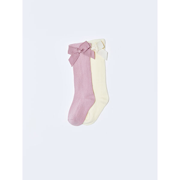 Fiyonk Detaylı Kız Bebek Dizaltı Çorap 2'li