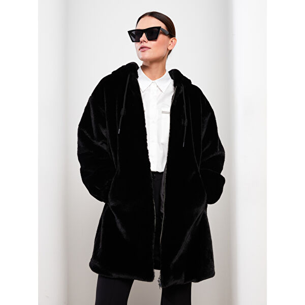 Kapüşonlu Düz Uzun Kollu Kürklü Kadın Kaban