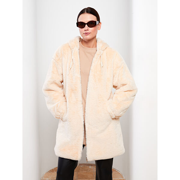 Kapüşonlu Düz Uzun Kollu Kürklü Kadın Kaban