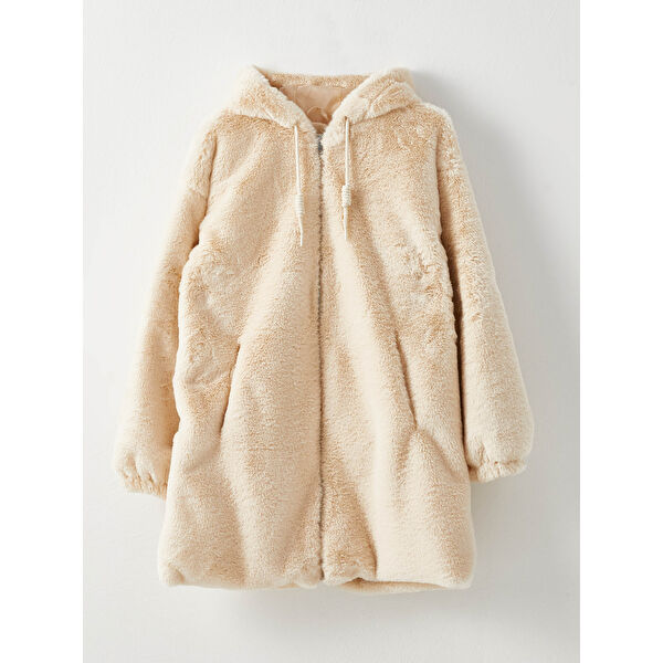 Kapüşonlu Düz Uzun Kollu Kürklü Kadın Kaban