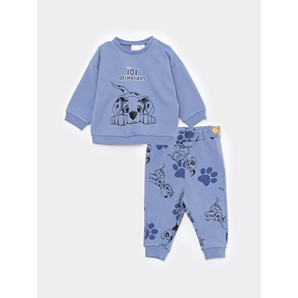 Bisiklet Yaka Uzun Kollu 101 Dalmaçyalı Baskılı Erkek Bebek Sweatshirt ve Pantolon 2'li Takım