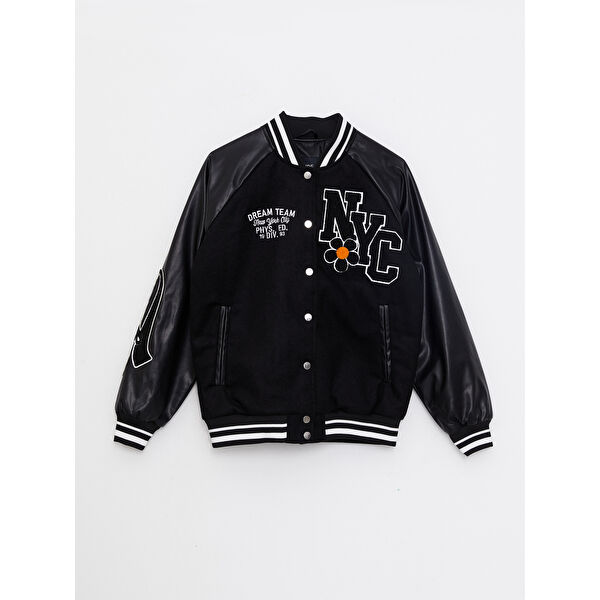 Kolej Yaka Baskılı Uzun Kollu Kadın Mont