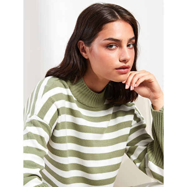 Dik Yaka Çizgili Uzun Kollu Oversize Kadın Triko Tunik