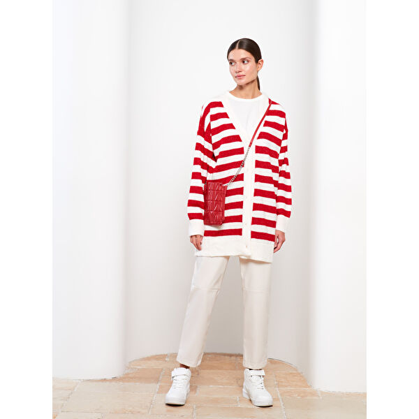 V Yaka Çizgili Uzun Kollu Kadın Triko Hırka V Yaka Çizgili Uzun Kollu Kadın Triko Hırka