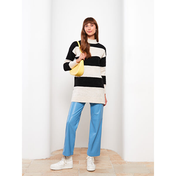 Dik Yaka Renk Bloklu Uzun Kollu Kadın Triko Tunik