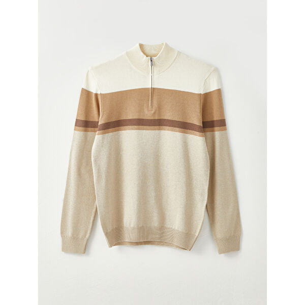 Dik Yaka Uzun Kollu Renk Bloklu Erkek Triko Kazak