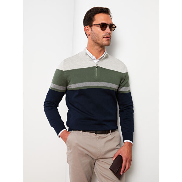 Dik Yaka Uzun Kollu Renk Bloklu Erkek Triko Kazak