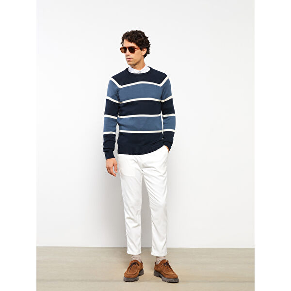 Bisiklet Yaka Uzun Kollu Çizgili Erkek Triko Kazak