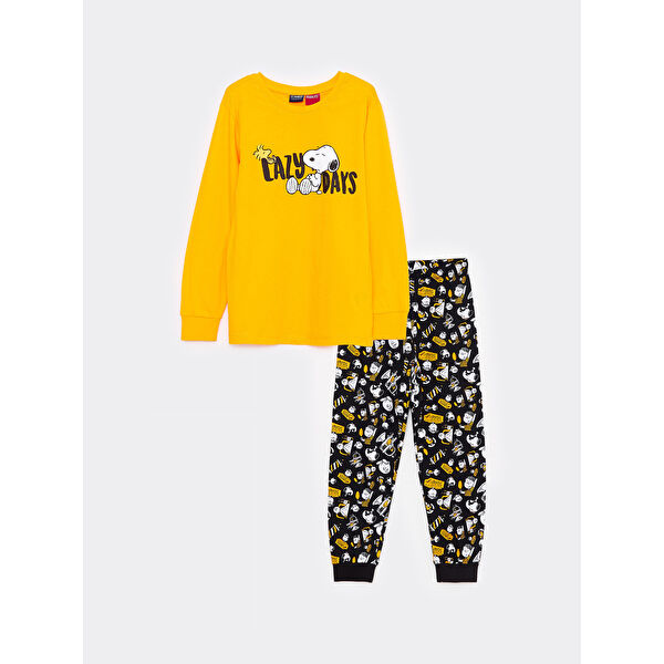 Bisiklet Yaka Snoopy Baskılı Uzun Kollu Erkek Çocuk Pijama Takımı
