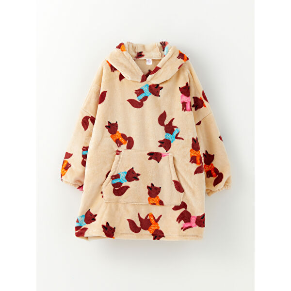 Kapüşonlu Baskılı Uzun Kollu Kız Çocuk Polar Pijama Üst