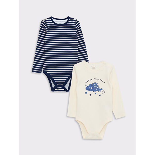 Bisiklet Yaka Uzun Kollu Baskılı Pamuklu Erkek Bebek Çıtçıtlı Body 2'li