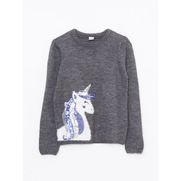 Bisiklet Yaka Desenli Pul İşlemeli Uzun Kollu Kız Çocuk Triko Kazak Bisiklet Yaka Desenli Pul İşlemeli Uzun Kollu Kız Çocuk Triko Kazak