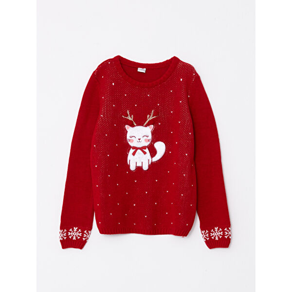 Bisiklet Yaka Yılbaşı Temalı Uzun Kollu Kız Çocuk Triko Kazak