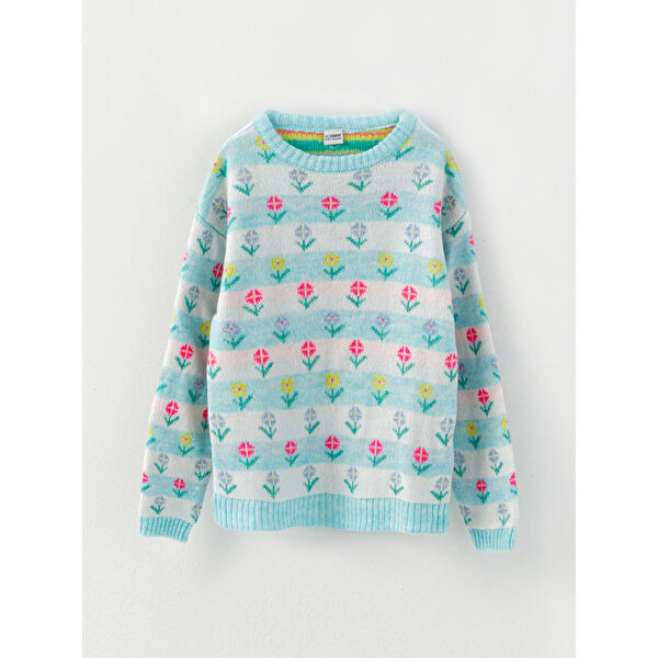 Bisiklet Yaka Desenli Uzun Kollu Kız Çocuk Triko Kazak