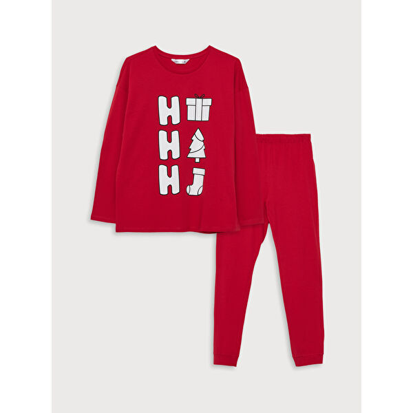 Bisiklet Yaka Yılbaşı Temalı Uzun Kollu Kadın Pijama Takımı