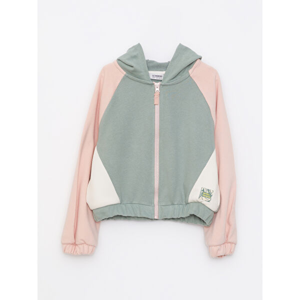 Kapüşonlu Renk Bloklu Uzun Kollu Kız Çocuk Fermuarlı Sweatshirt