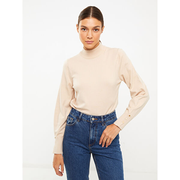 Yarım Balıkçı Yaka Düz Uzun Kollu Kadın Kazak