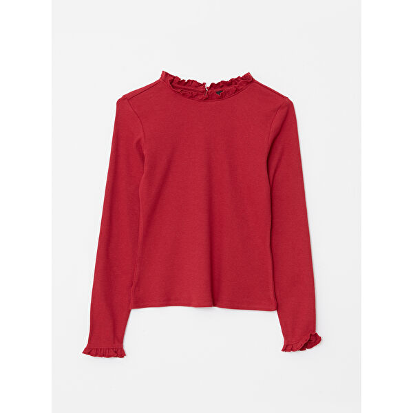 Fırfırlı Dik Yaka Düz Uzun Kollu Pamuklu Kadın Tişört